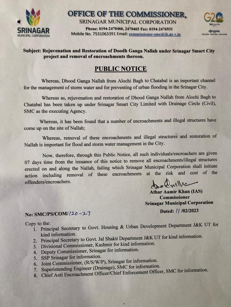 Restoration of Doodh Ganga Nallah: SMC gives 7 days time to encroachers ...